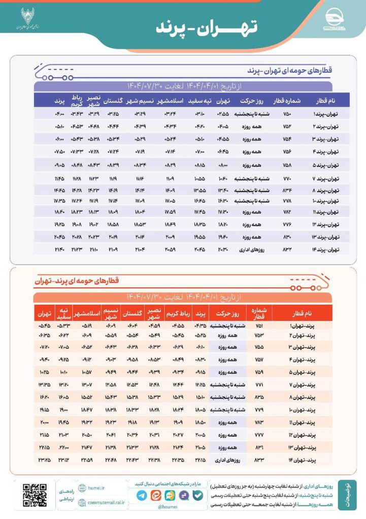 برنامه حرکت قطارهای حومه ای تهران-پرند/تابستان۱۴۰۴